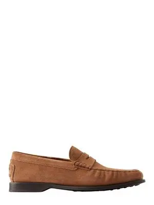 TOD'S Gathered Suede Square Toe Loafers - Brown