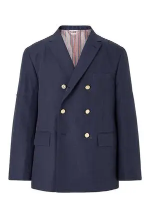 Thom Browne Double-breasted Striped Cotton And Linen-blend Blazer - Navy