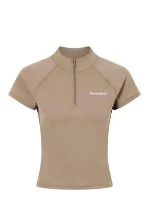 SPORTY & RICH Logo-print Stretch-jersey Half-zip T-shirt - Sand