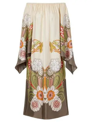 La DoubleJ Goddess Printed Off-the-shoulder Silk-twill Midi Dress - Neutrals