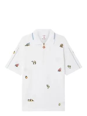 Casablanca White Icon Quarter Zip Embroidered Short Sleeve Polo Shirt - Light Blue