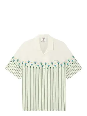Casablanca Linen Floral Stripe Sporty Short Sleeve Shirt - Green