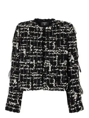 Balmain Cropped Embellished Metallic Tweed Jacket - Black