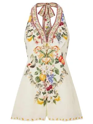 Camilla Embellished Floral Print Linen Playsuit - Cream