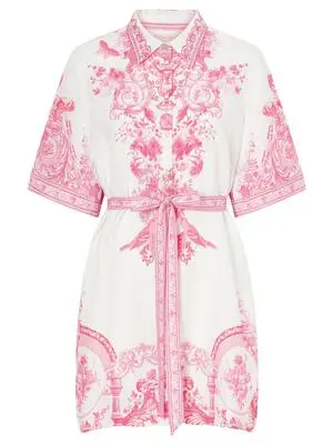 Camilla Linen Mini Shirt Dress With Baroque Floral Print And Embellishments - Pink