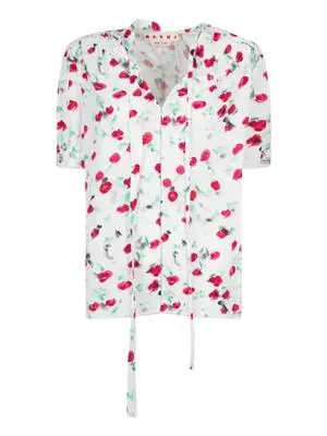 Marni Floral Printed Top With Tie Details - White