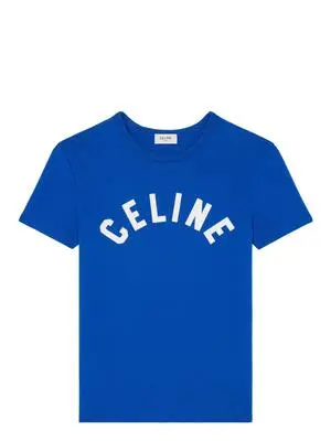 Celine Ribbed Cotton Jersey T-shirt With Logo - Light Blue/white
