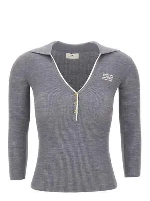 Elisabetta Franchi Ribbed Knit Polo Top - Grey