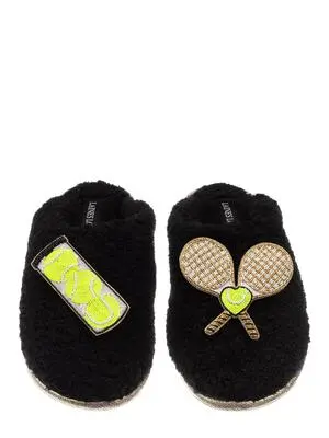 LAINES LONDON Teddy Towelling Closed Toe Slippers With Tennis Brooches - Black