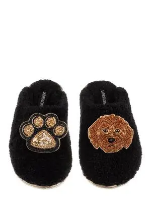 LAINES LONDON Teddy Towelling Closed Toe Slippers With Paw And Cockapoo Brooches - Black