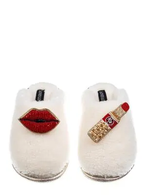 LAINES LONDON Embellished Teddy Slippers With Red Lipstick And Lips Brooches - White