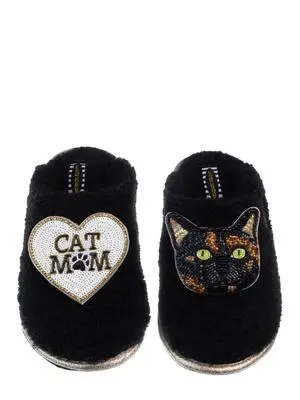 LAINES LONDON Teddy Towelling Slippers With Cat Brooches - Black