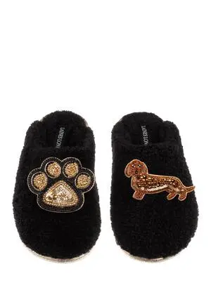 LAINES LONDON Teddy Closed Toe Slippers With Paw And Dachshund Brooches - Black