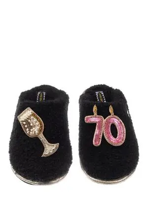 LAINES LONDON Teddy Towelling Slippers With 70th Birthday And Champagne Glass Brooches - Black