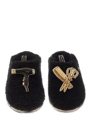 LAINES LONDON Laines London Teddy Towelling Closed Toe Slippers With Hairdresser Brooches Black