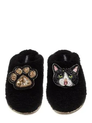 LAINES LONDON Teddy Towelling Slippers With Cat And Paw Brooches - Black
