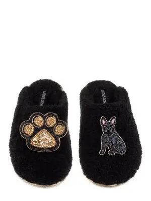LAINES LONDON Teddy Towelling Closed Toe Slippers With Paw And French Bulldog Brooches - Black