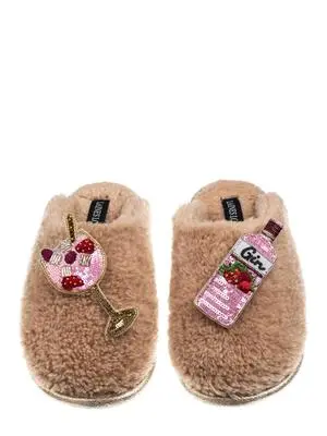 LAINES LONDON Teddy Closed Toe Slippers With Gin & Fruit Glass Brooches - Brown