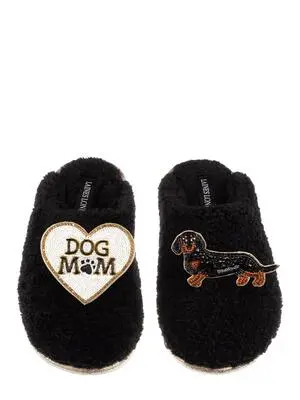 LAINES LONDON Teddy Towelling Closed Toe Slippers With Dachshund Brooch - Black