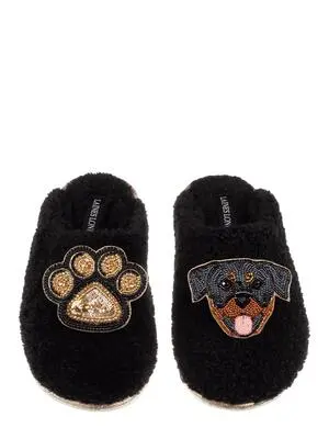 LAINES LONDON Teddy Closed Toe Slippers With Paw & Rottweiler Brooches - Black