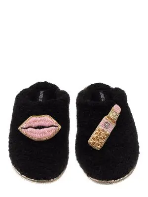 LAINES LONDON Laines London Teddy Towelling Closed Toe Slippers With Lipstick And Lips Brooches Black