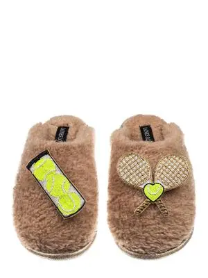 LAINES LONDON Teddy Closed Toe Slippers With Tennis Brooches - Brown