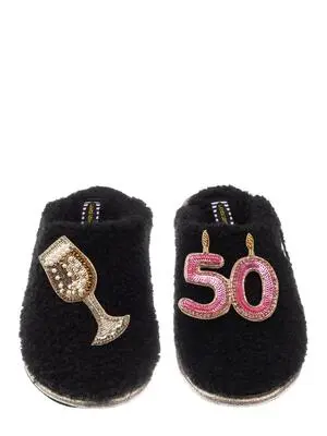 LAINES LONDON Teddy Towelling Slippers With Champagne Glass And "50" Brooches - Black