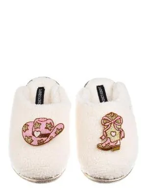 LAINES LONDON Teddy Closed Toe Slippers With Brooch Embellishments - White