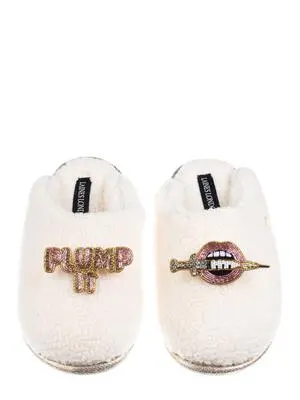 LAINES LONDON Laines London Teddy Towelling Closed Toe Slippers With Embellished Brooches White