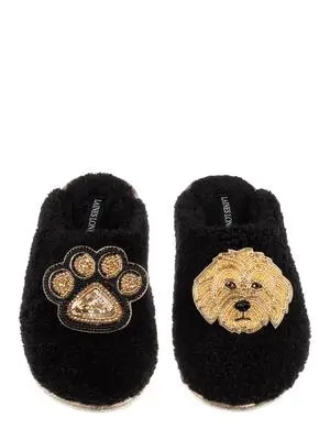 LAINES LONDON Teddy Towelling Closed Toe Slippers With Paw And Cockapoo Brooches - Black