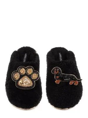 LAINES LONDON Teddy Closed Toe Slippers With Paw & & Tan Dachshund Brooches - Black