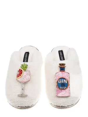LAINES LONDON Teddy Towelling Closed Toe Slippers With Gin Brooches - White