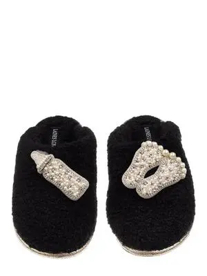 LAINES LONDON Teddy Closed Toe Slippers With Pearl Baby Brooches - Black