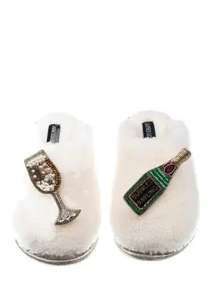 LAINES LONDON Teddy Towelling Closed Toe Slippers With Darling Brooches - White
