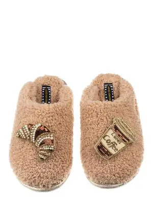 LAINES LONDON Teddy Towelling Slippers With Croissant And Coffee Brooches - Brown