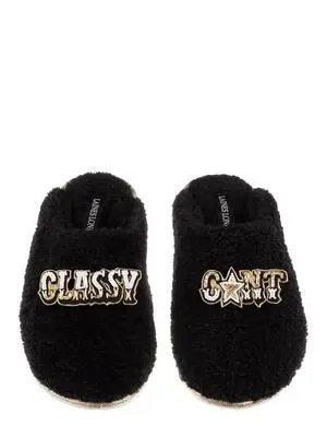 LAINES LONDON Teddy Closed Toe Slippers With Embellished Brooches - Black