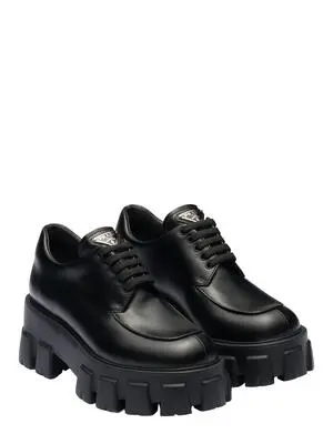 Prada Monolith Brushed Leather Lace-up Shoes - Black