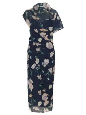 Erdem Floral-printed Organza-clochè Asymmetrical Midi Dress - Blue