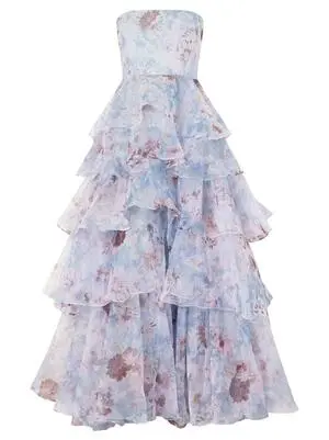 Aje Gabrielle Strapless Tiered Ruffled Floral-print Organza Gown - Purple