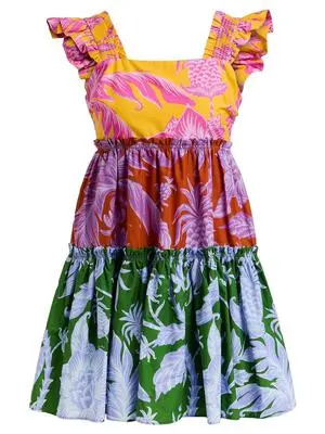 Farm Rio Tiered Printed Cottonpoplin Mini Dress - Marigold