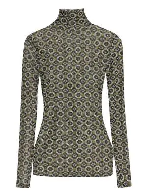 Dries Van Noten Printed Stretchmesh Turtleneck Top - Green
