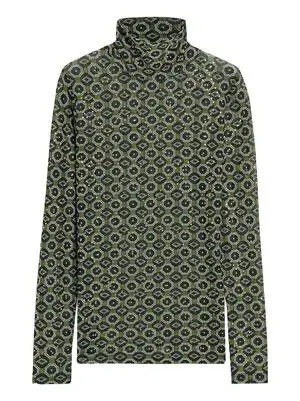 Dries Van Noten Embellished Geometric Print Stretchmesh Turtleneck Top - Green