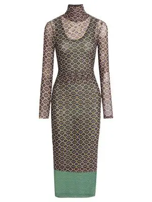 Dries Van Noten Layered Printed Stretch Mesh Turtleneck Midi Dress - Brown