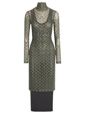 Dries Van Noten Layered Printed Stretch Mesh Turtleneck Midi Dress - Leaf Green