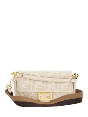 Fendi Vitello King Ff Embroidered Mini Baguette Shoulder Bag - Poudre