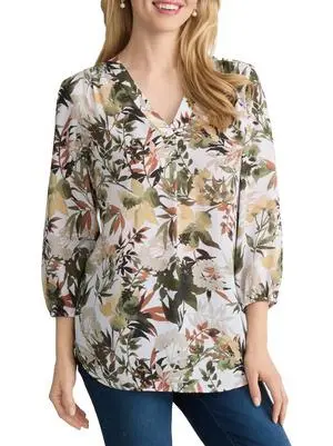 Jones New York Floral Three-quarter Sleeve V-neck Top - White Sand Multi
