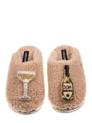 LAINES LONDON Teddy Towelling Slippers With Champagne And Cocktail Glass Embellishments - Brown