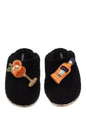 LAINES LONDON Teddy Closed Toe Slippers With Summer Spritzer Brooches - Black