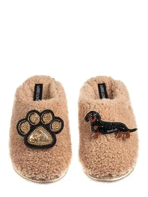 LAINES LONDON Laines London Teddy Closed Toe Slippers With Paw And Dachshund Brooches Brown