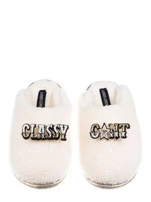 LAINES LONDON Teddy Towelling Closed Toe Slippers With Embellished Brooches - White